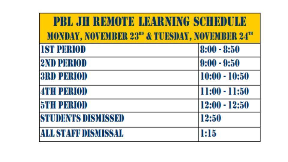PBL JH Remote Learning Schedule for November 23 & November 24 | Paxton ...